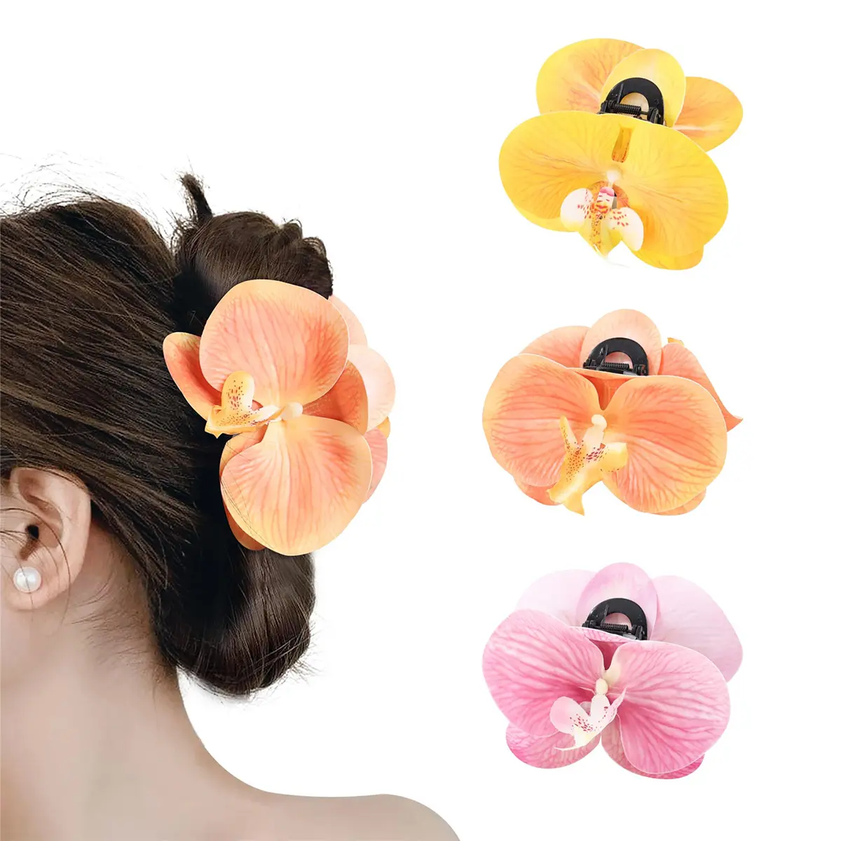 3-Piece Suit Orchid Flower Hair Claw Clips - Medium 11cm Spring Hair ...