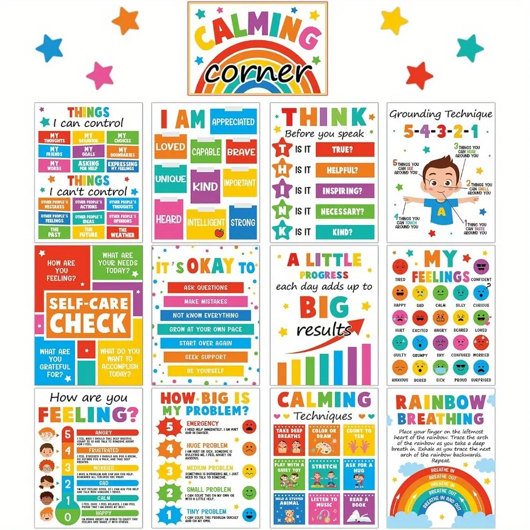 2D Flat 13pcs Frameless Colorful Calming Corner Classroom Posters Calm ...