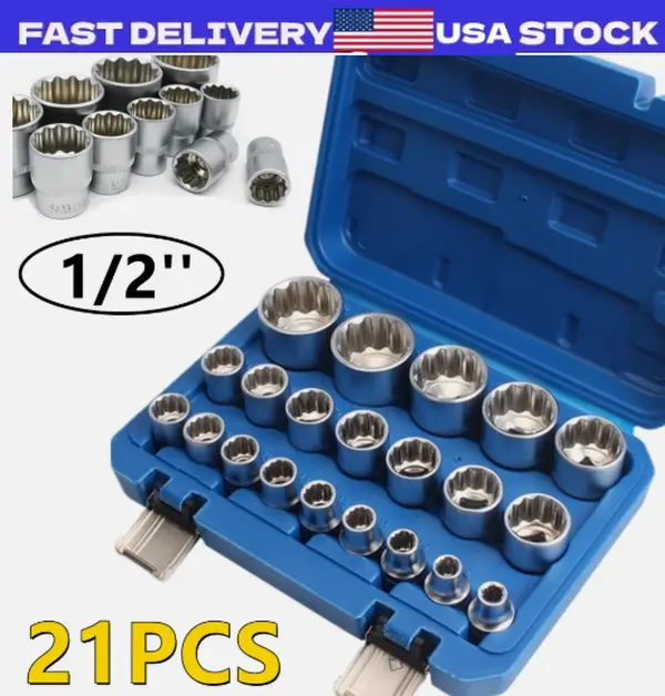 21Pcs 1/2" Drive Universal Spline Socket 12-point 8-36mm CR-V Metric ...