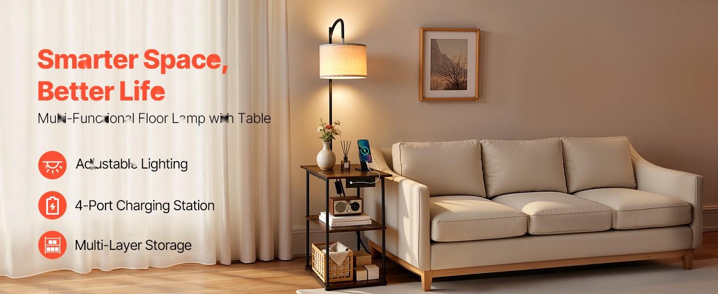 Floor Lamp With Table And Narrow 3-Tier End Table With Open Shelves, 3 ...
