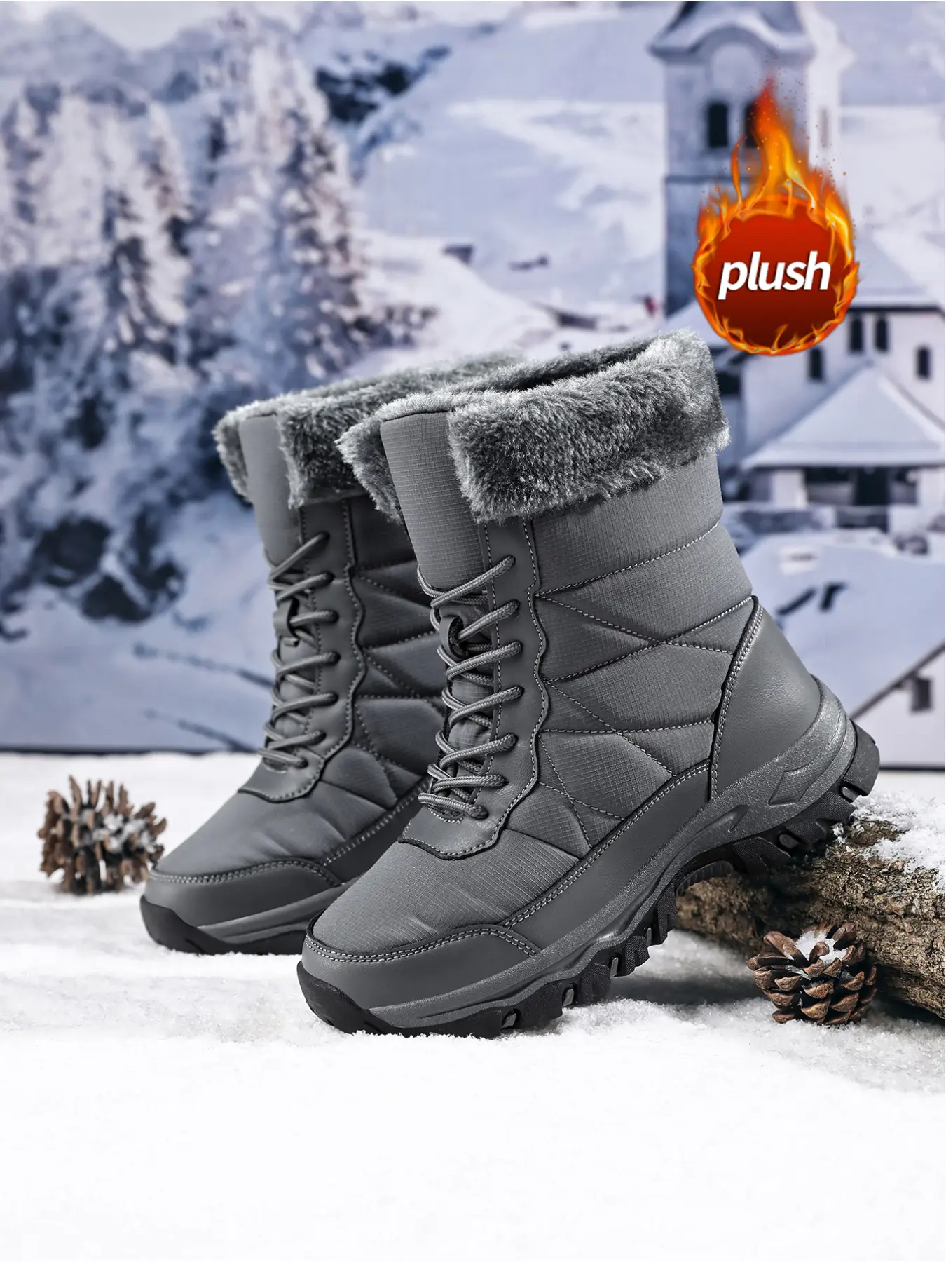 Stylish Women's Snow Boots - Gray-Toned Cozy Fleece High-Top Snow Boots ...