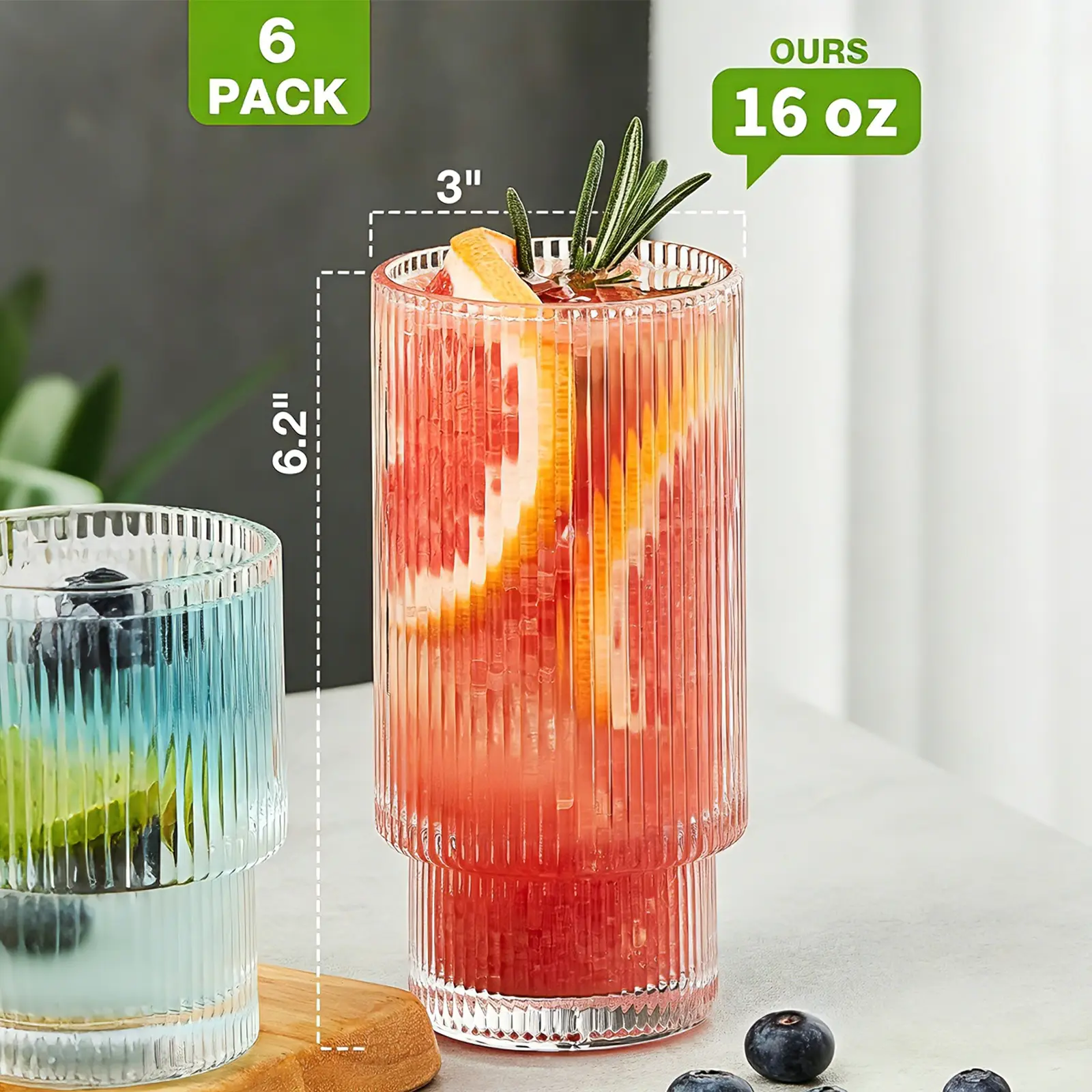 Ribbed Drinking Glasses Set of 6, 16 oz Vintage Glass Cups, Highball ...