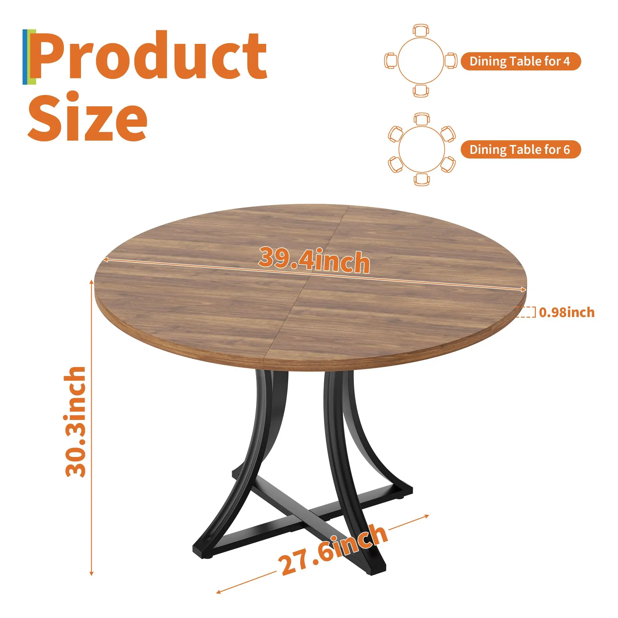 Round Dining Table for 2-6 People, 40 Inch Kitchen Table with Wooden ...