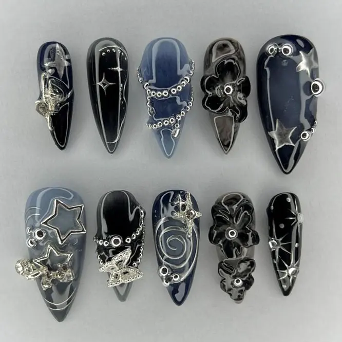 black nail inspo with charms - TikTok Shop