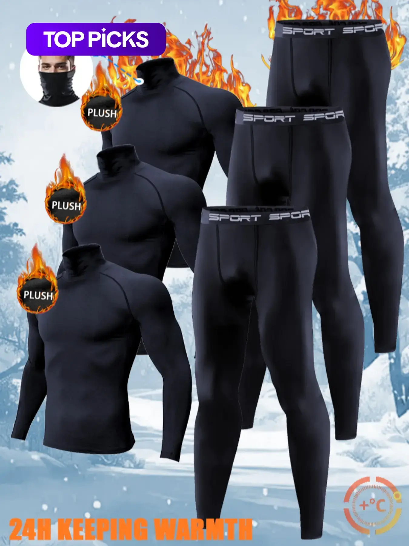 Men's 6-Piece Warm Tech Fleece Base Layer Set, High Neck Tight-Fitting ...