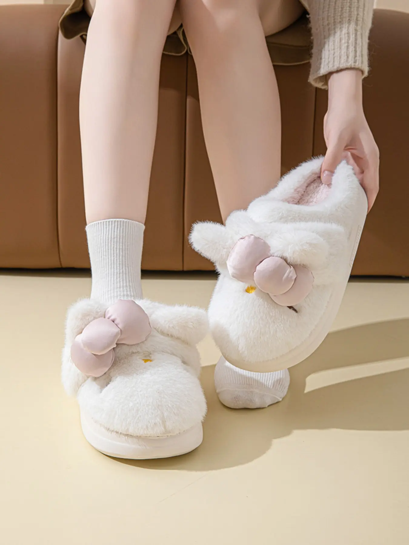 Women's Cartoon Bow Cotton Slippers - Fleece Lined Warm - TikTok Shop