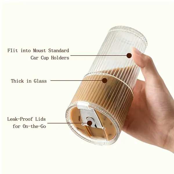 4-Pack Stylish Ribbed Glass Tumblers, 18oz (540ml) Large Capacity Straw ...