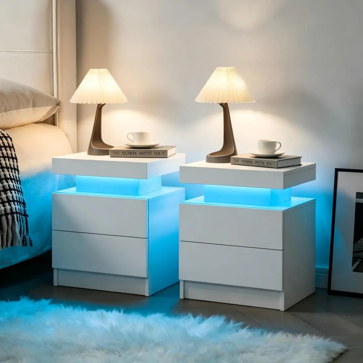 Set of 2 LED Nightstands with Drawers, Adjustable Color and Brightness ...
