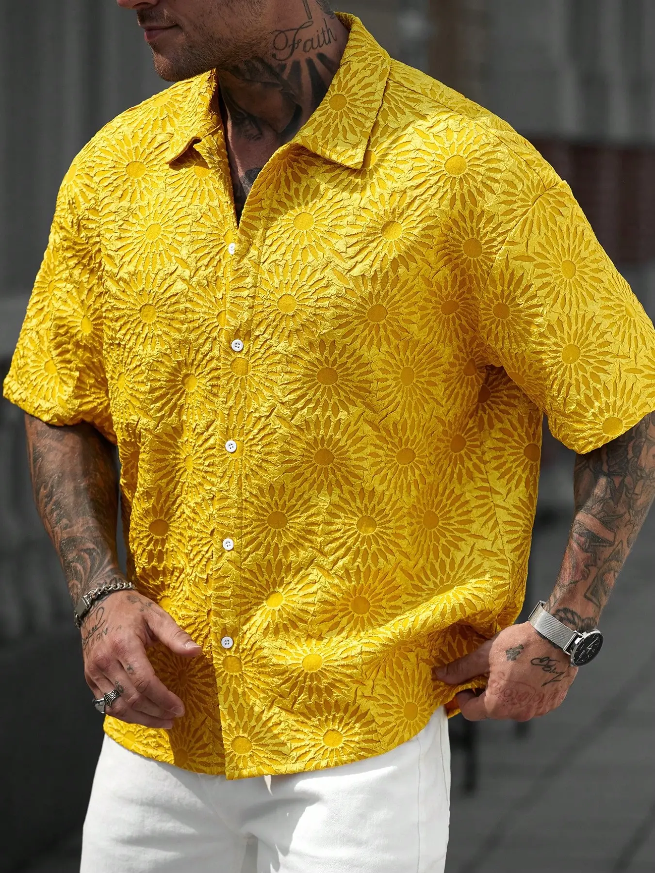 Men's Summer Casual Top Shirts, Sunflower Bubble Texture Jacquard ...