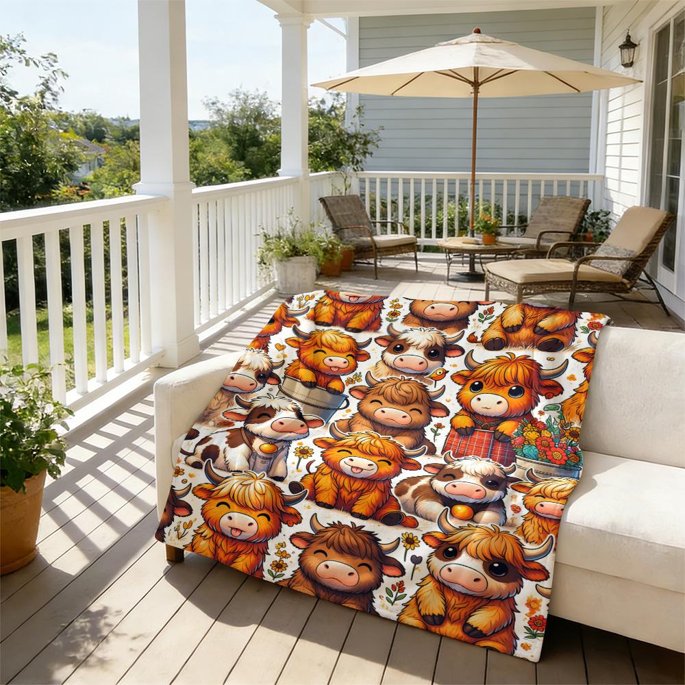 Highland Cow Flannel Blanket Cute Cartoon Cattle Print Soft Warm Cozy ...