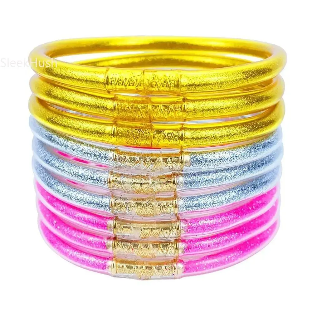 Women's 9-Piece Glitter Jelly Bracelet Set, Gold-Plated Silicone ...