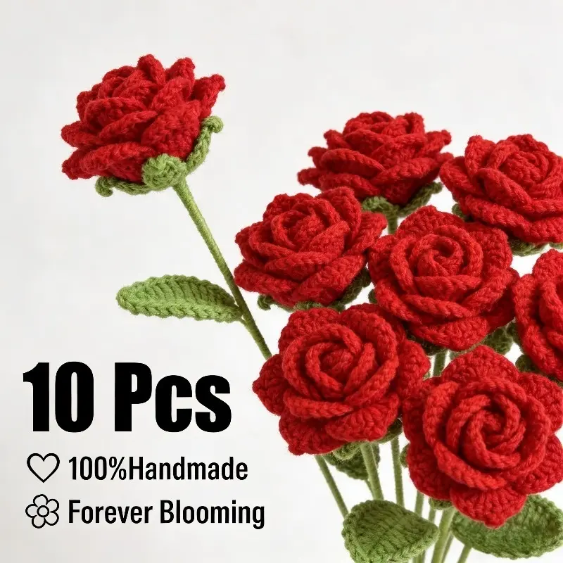 10 crocheted red roses, simulation bouquets that never fade, home ...