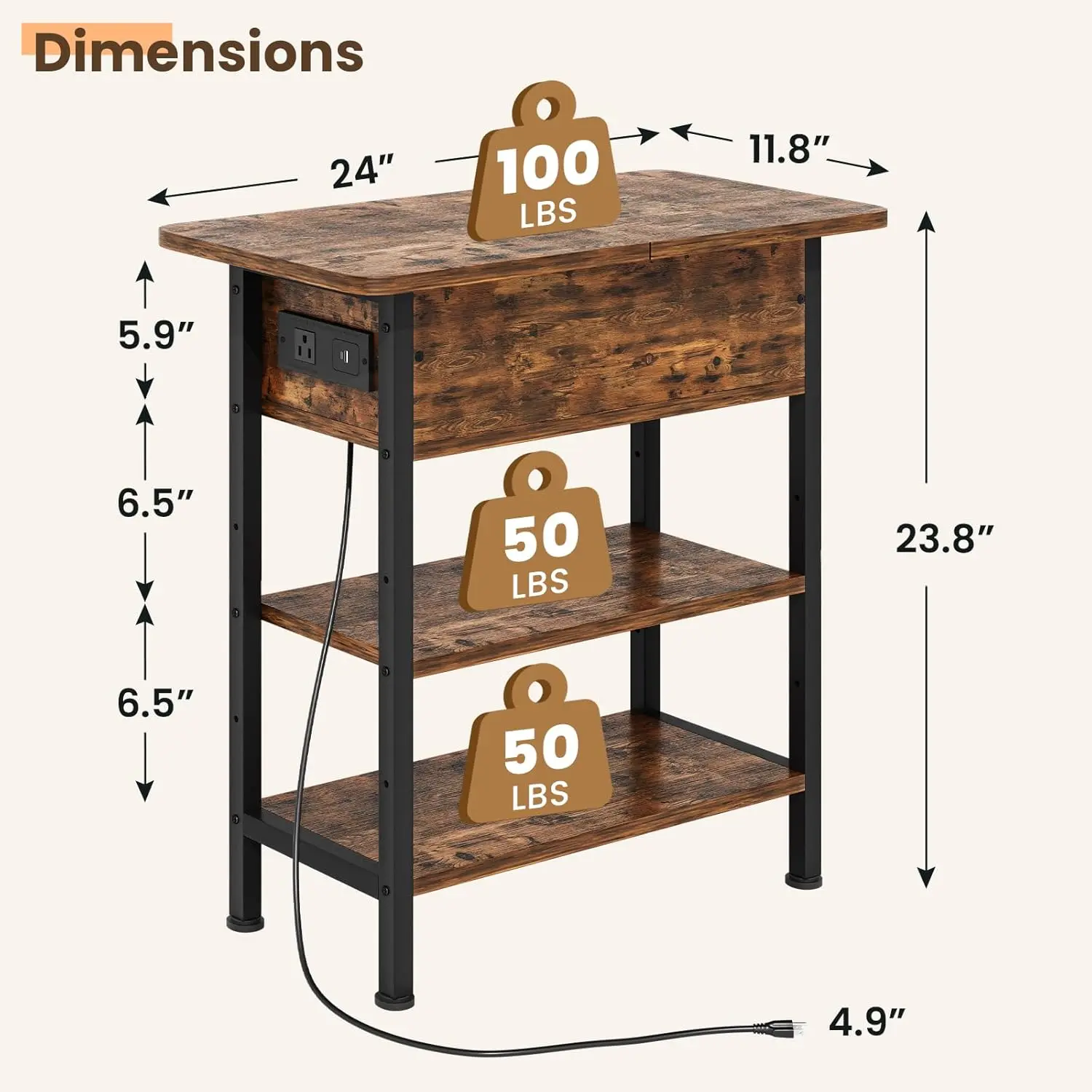 End Table with Charging Station, Flip Top Side Table with USB Ports and ...