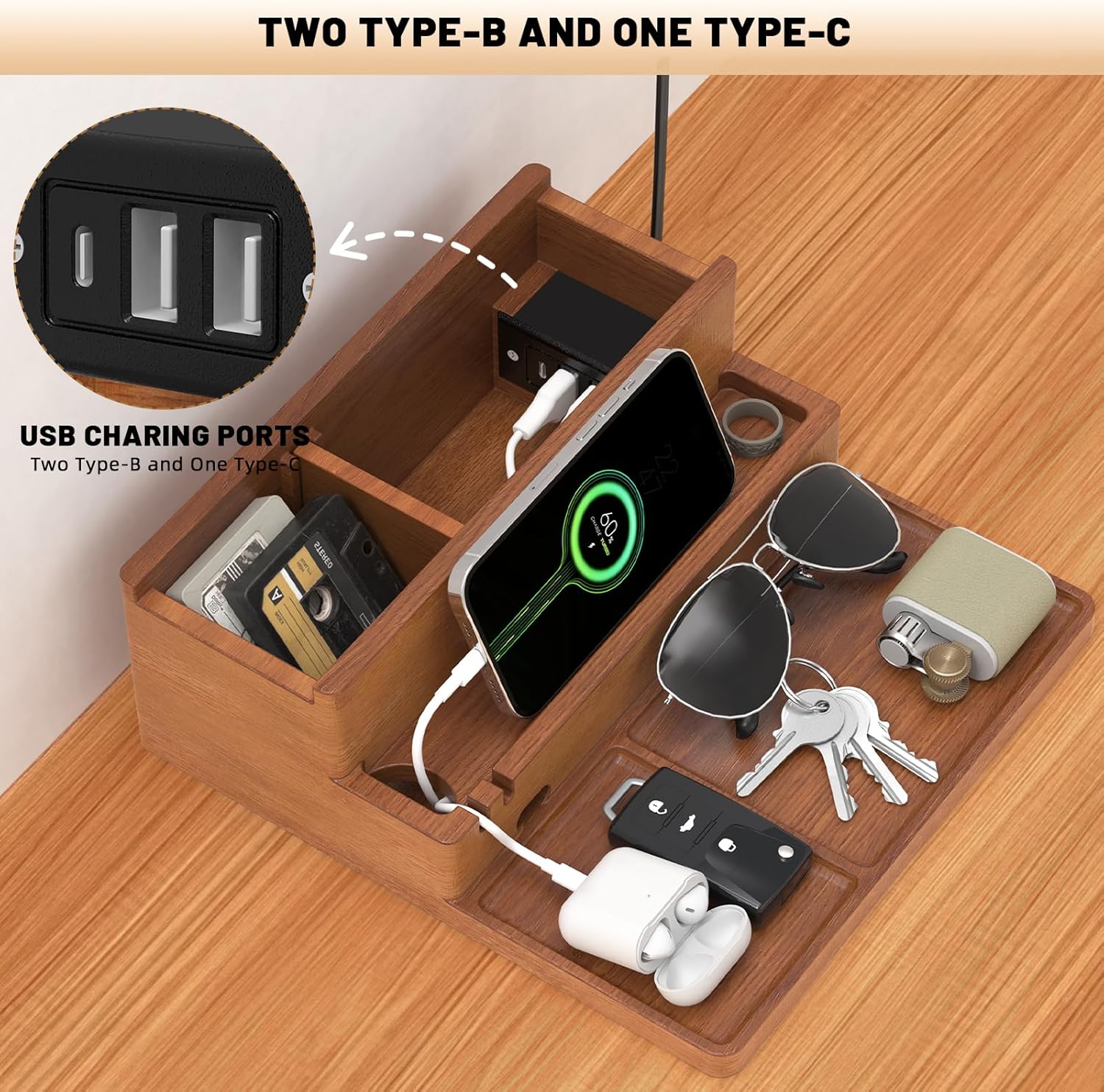 Assembly-Free 3-Layer Wood Nightstand Organizer with Charging Station ...