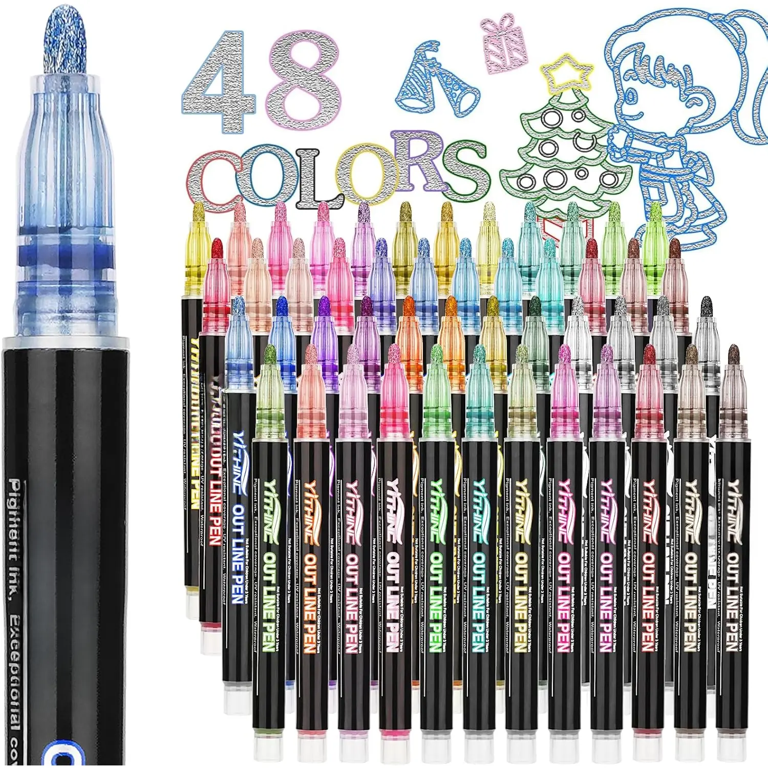 Outline Shimmer Markers, 48 Glitter Metallic Gel Pens for Coloring ...