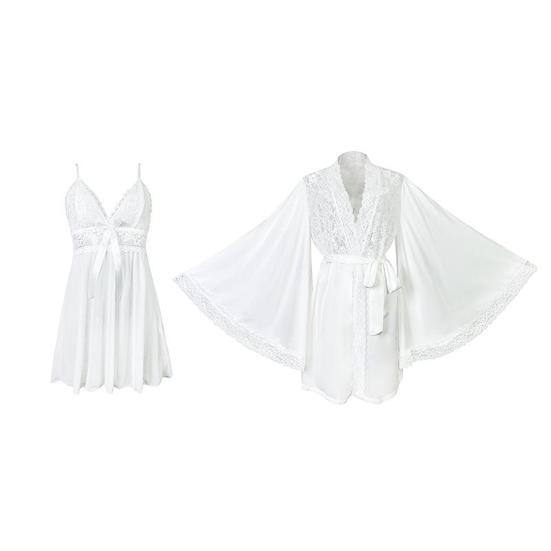 Women's Lace Trim Spaghetti Strap Nightdress & Outer Robe Set with Belt ...