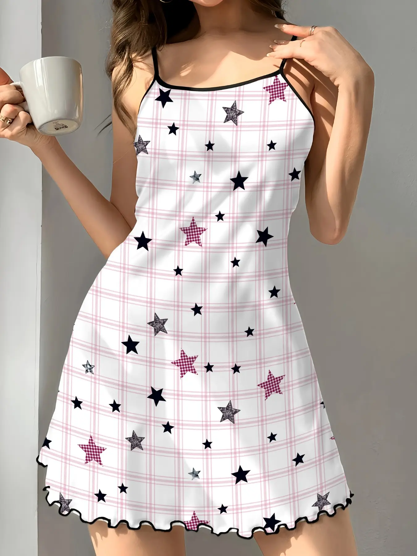 Women's Strapless Nightdress, Plaid Five-Point Star Print Pajamas ...