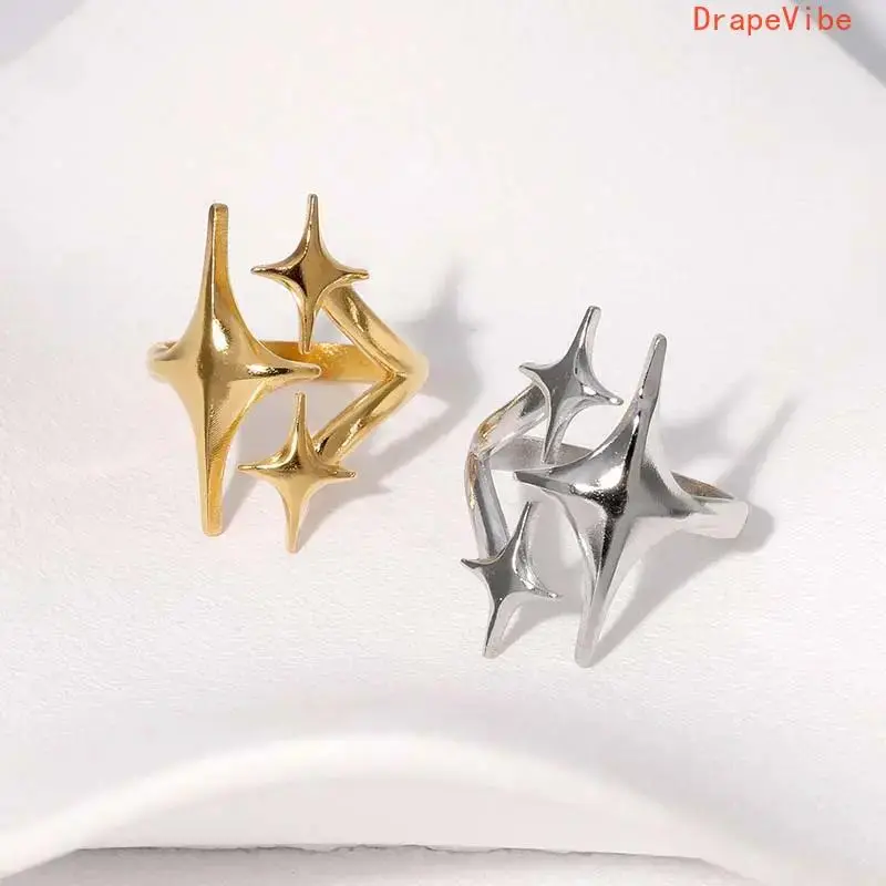 Stainless Steel Four Pointed Star Ring Adjustable Open Design For Women ...