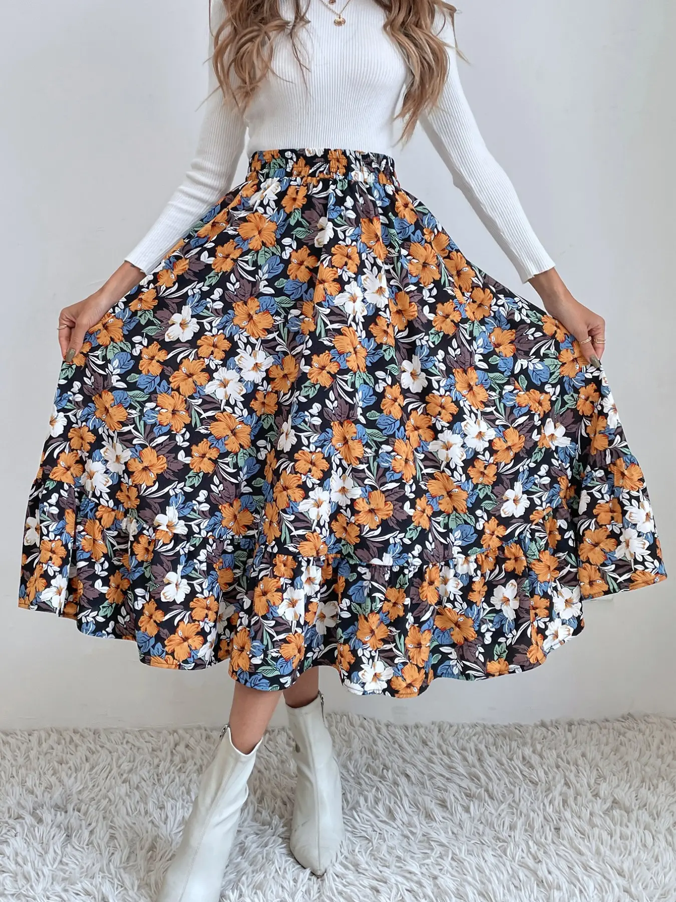 Women's Summer Boho Floral Print High Waist Loose Fit A-Line Skirt ...