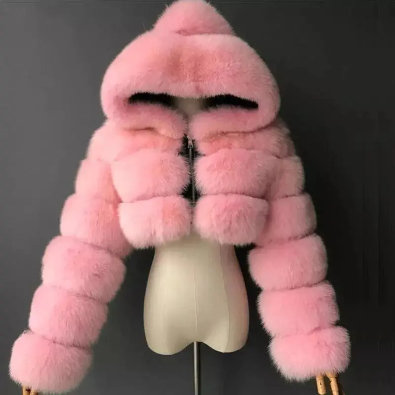 Furry Cropped Faux Fur Coat with Hood – Plush Warm Stylish Outerwear ...