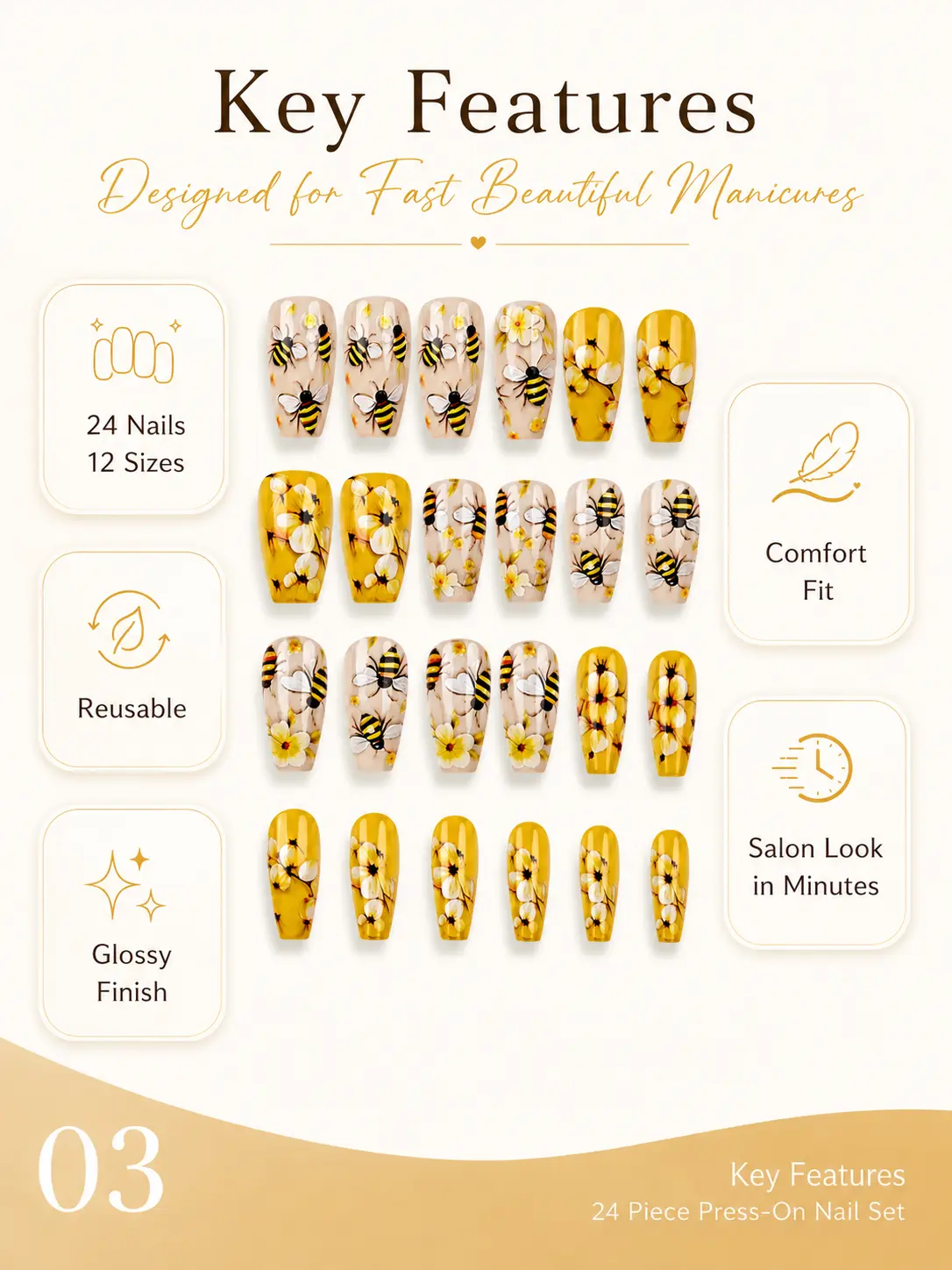 24Pcs Bee Floral Press on Nail Sets Yellow Nude Medium Square False ...