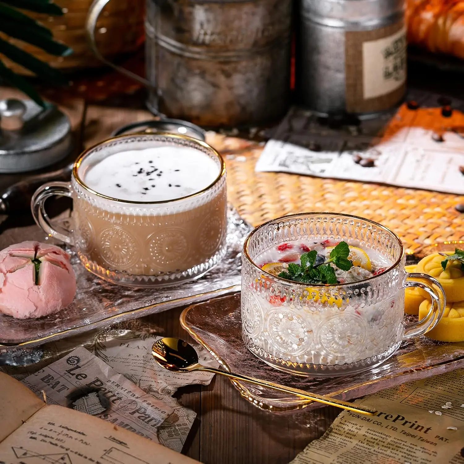 8 Pcs Vintage Coffee Mugs Set, Women Gifts – 14oz Clear Embossed Glass ...