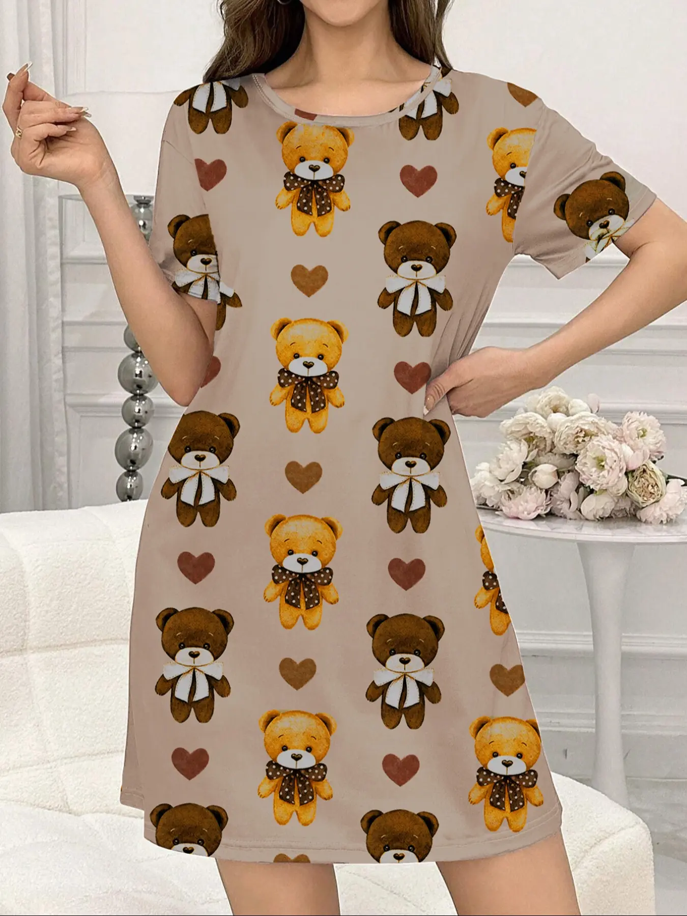 Women's Knit Short Sleeve Sleepwear Bear Print Casual Loose Round Neck ...
