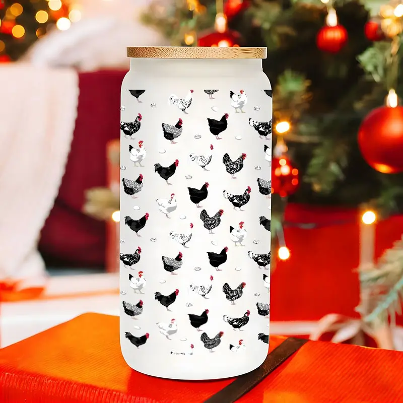 Chicken Print 16oz Glass Tumbler with Bamboo Lid and Straw, Can Shaped ...