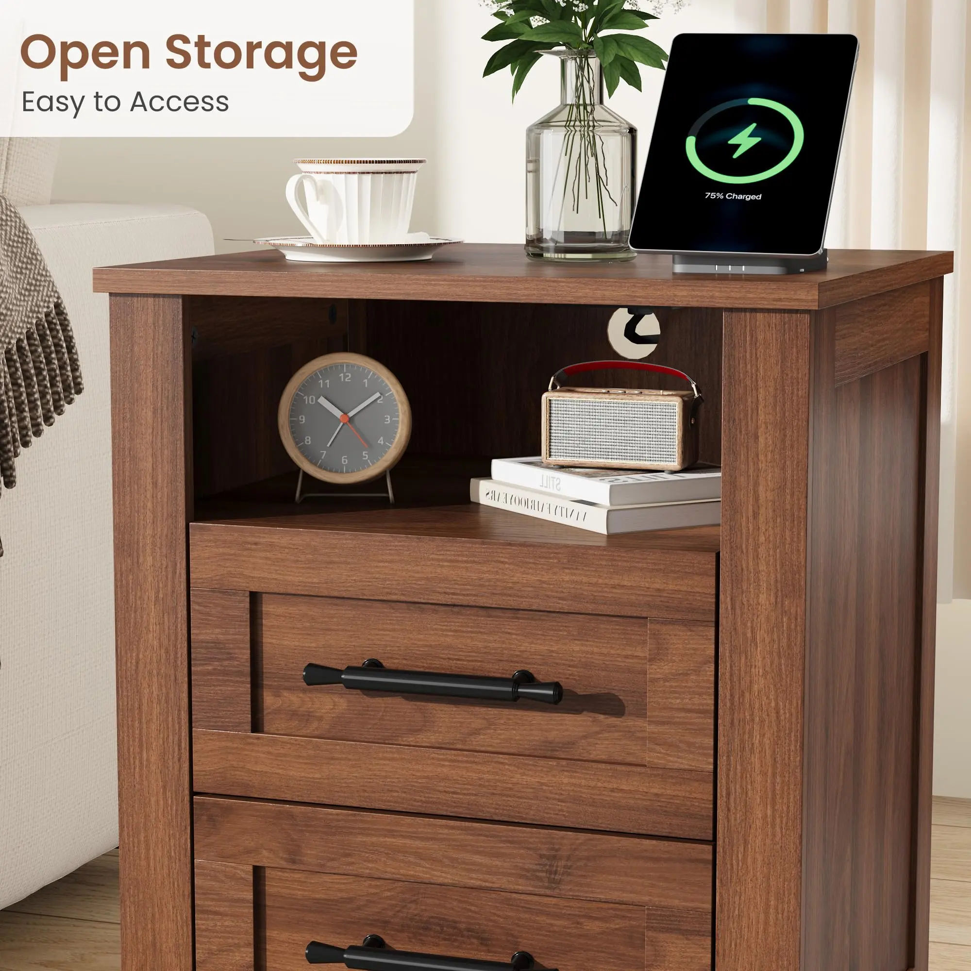 Garvee Farmhouse Bedside Table with Charging Station – 23.6" MDF ...