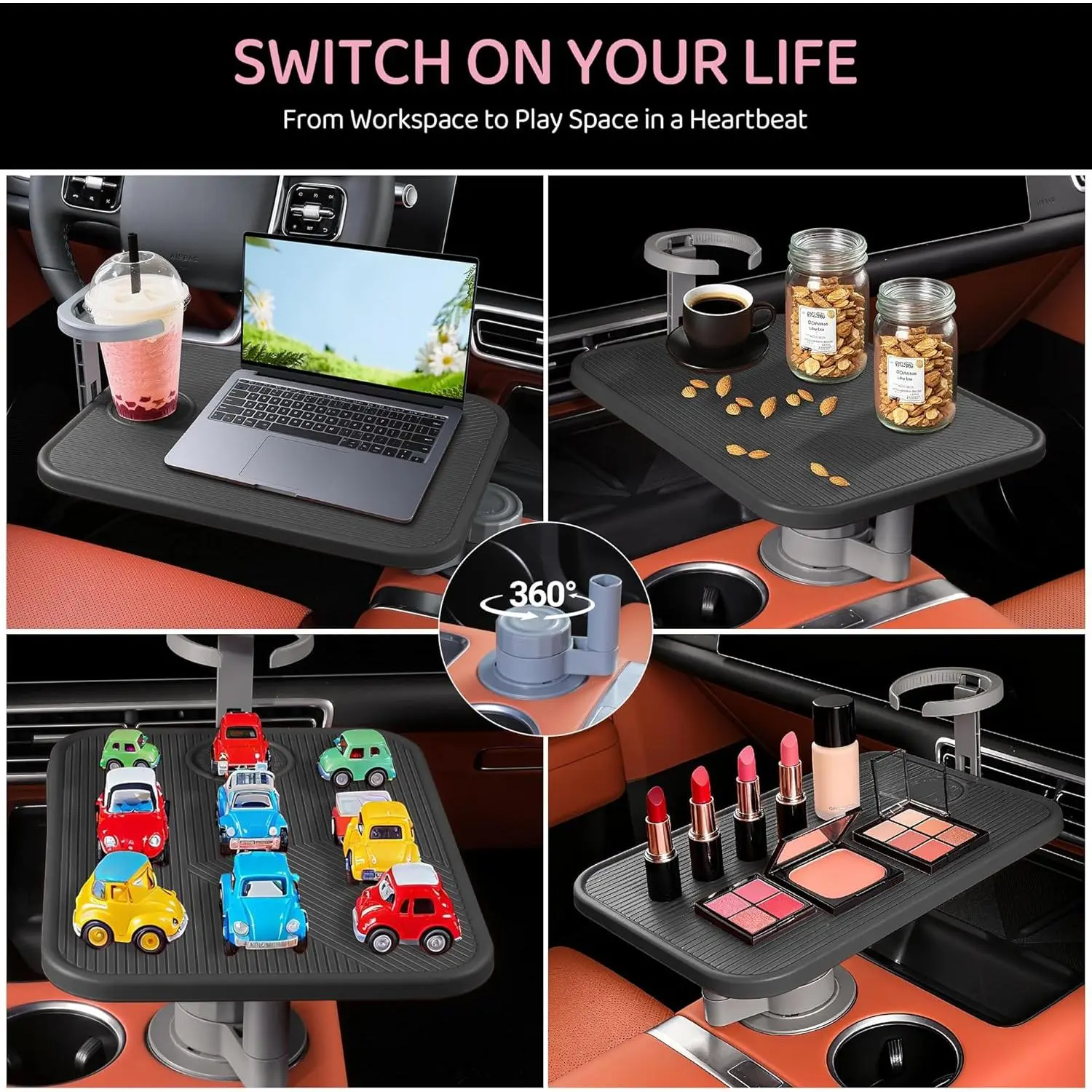 Car Tray & Car Desk for Laptop, 360 ° Rotating Wood Cup Holder Table ...