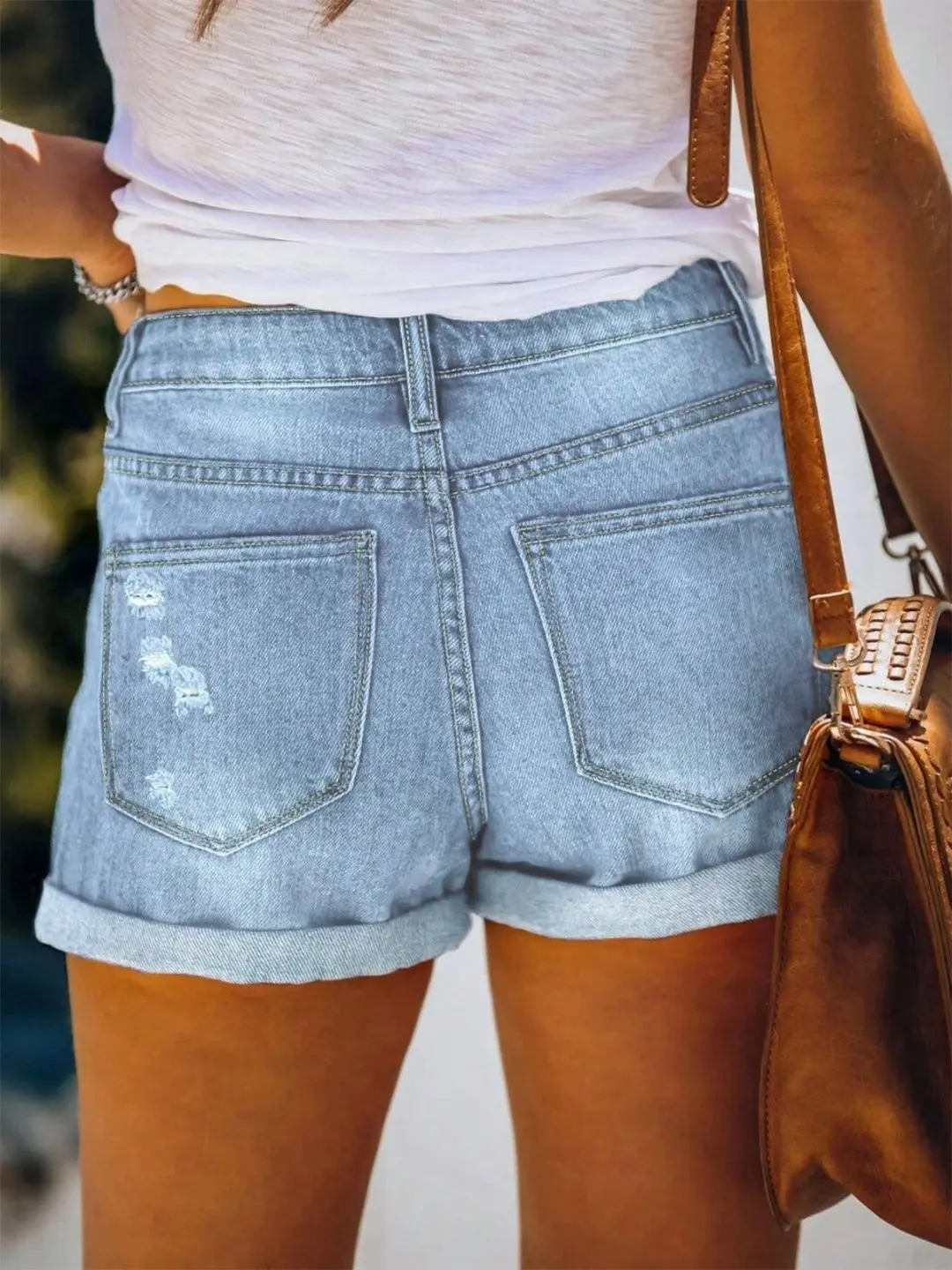 Stylish Women's Light Blue Skinny Cargo Shorts with Drawstring ...