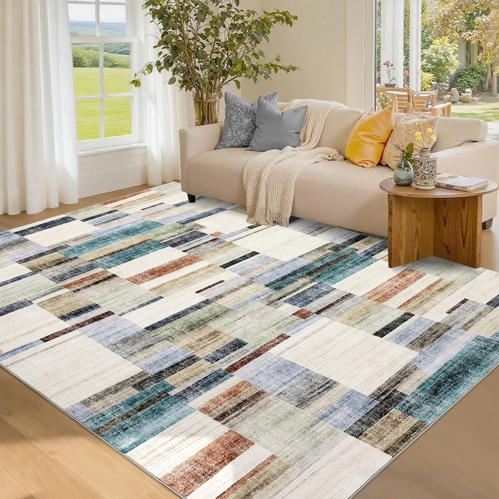 Washable Modern Geometric Living Room Rugs, Soft Non Slip Patchwork ...