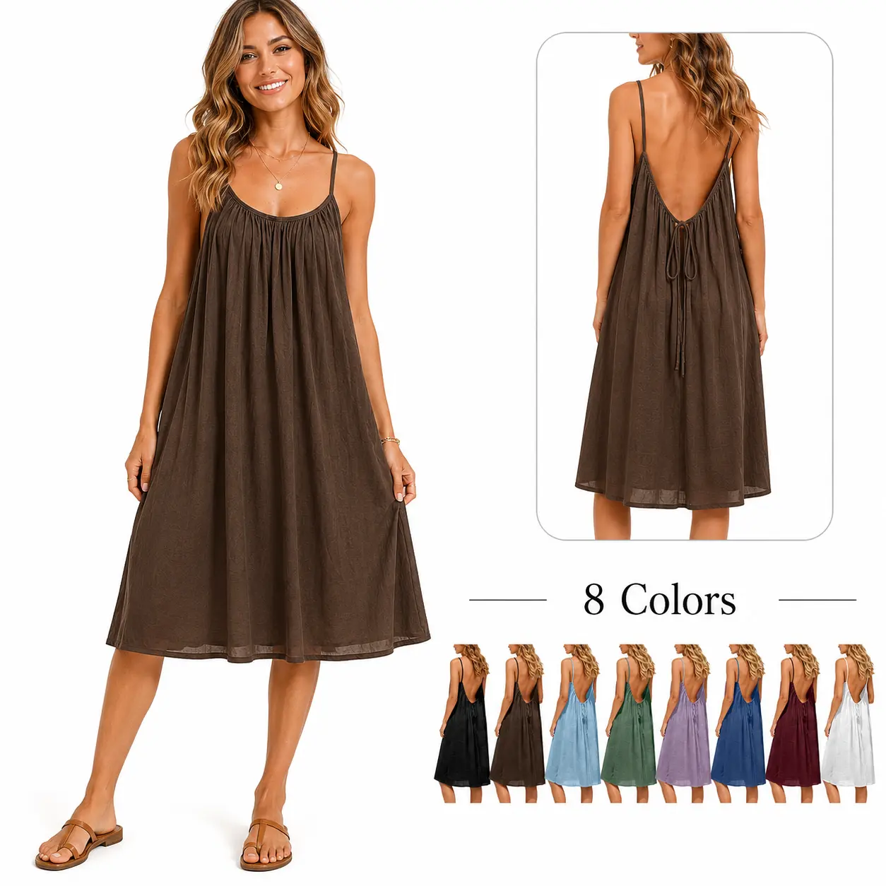 Women's Solid Color Cami Dress, Sleeveless Open Back Tie Back Knee ...