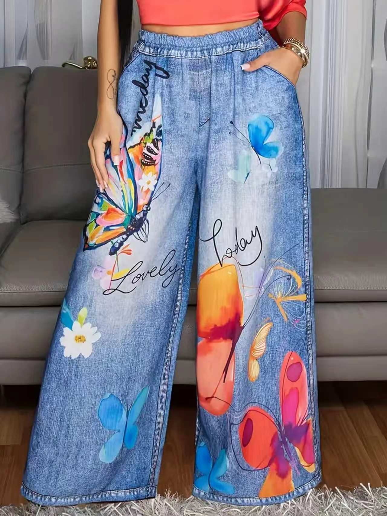 Women's Faux Denim High-Waisted Casual Wide-Leg Pants, Colorful ...
