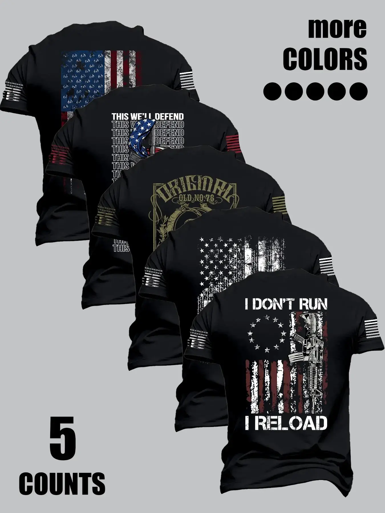 5-piece men's patriotic American flag T-shirt set, Second Amendment ...