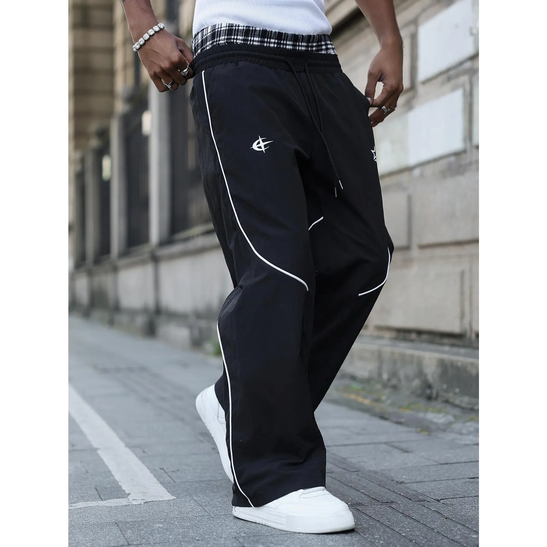 Men's Black Track Pants with Star Logo, Loose Fit Athletic Joggers with ...