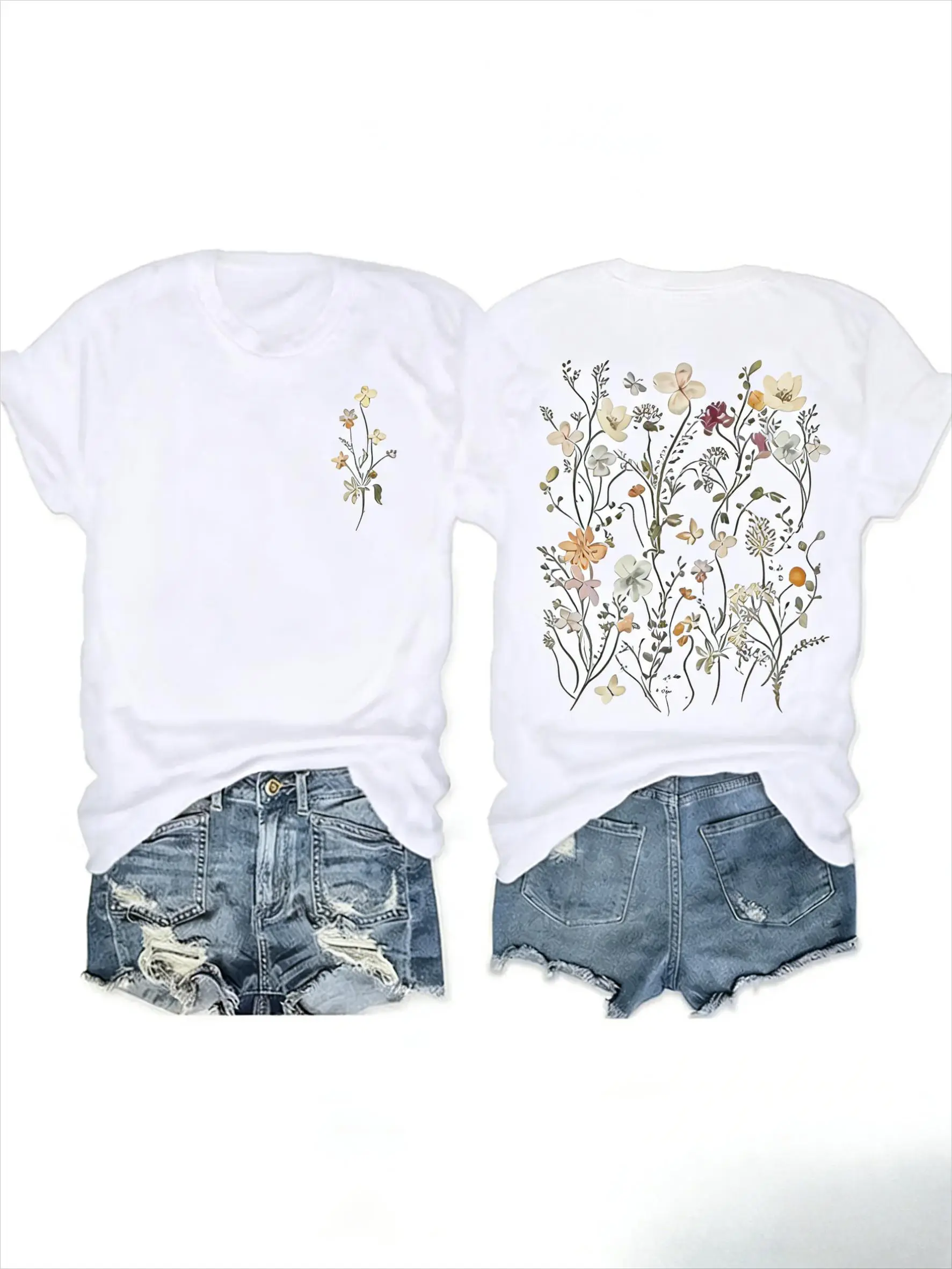 Boho Floral Print T-Shirt for Women, Vintage Style Summer Casual Top ...