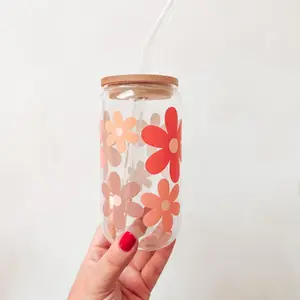 Floral Spooky Glass Cup with Bamboo Lid and Glass Straw - TikTok Shop